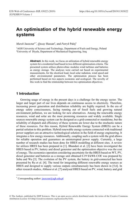 PDF An Optimisation Of The Hybrid Renewable Energy Systems