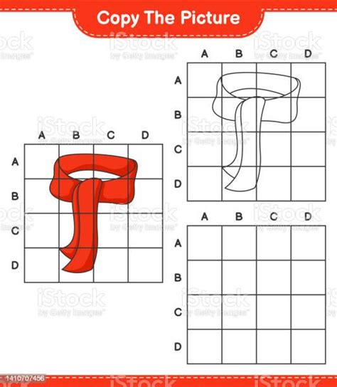 그림을 복사하고 격자선을 사용하여 스카프 사진을 복사하십시오 교육 어린이 게임 인쇄 가능한 워크 시트 벡터 일러스트 레이 션 0명에 대한 스톡 벡터 아트 및 기타 이미지