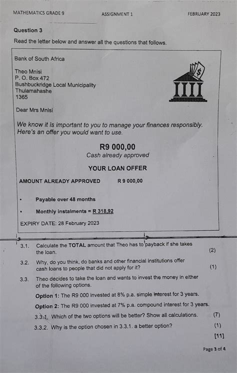 Mathematics Grade 9 Assignment 1 February 2023 Question 3 Read The