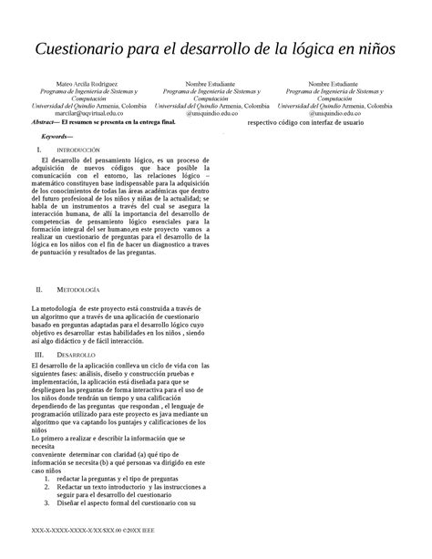 Formato Informe Proyecto De Algoritmos Cuestionario Para El