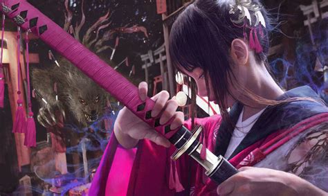 Обои на рабочий стол Девушка в кимоно с катаной в руке готовится к битве с монстром Digital Art