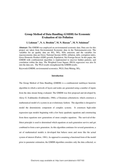 Pdf Group Method Of Data Handling Gmdh For Economic Evaluation Of Air Pollution