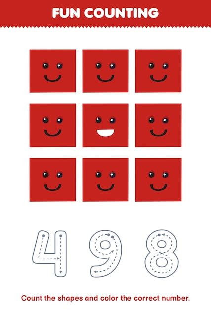 어린이를 위한 교육 게임은 귀여운 만화 정사각형 인쇄 가능한 기하학적 모양 워크시트에서 그림을 세고 정확한 숫자를 색칠합니다 프리미엄 벡터