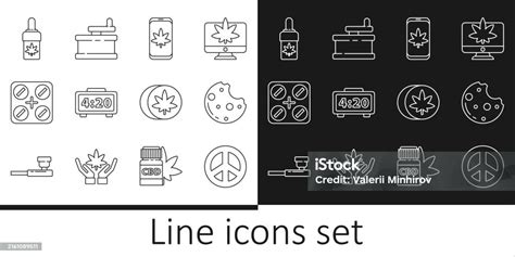 세트 라인 평화 마리화나 모바일 및 또는 대마초 디지털 알람 시계 의료 알약 마리화나 올리브 오일 허브 엑스터시 정제 및 수동 그라인더 아이콘과 쿠키 벡터 건강 진단에 대한