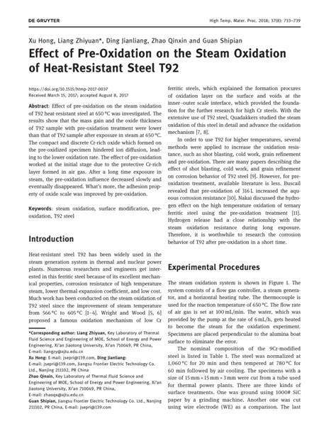 Effect Of Pre Oxidation On The Steam Oxidation Of Heat Resistant Pdf