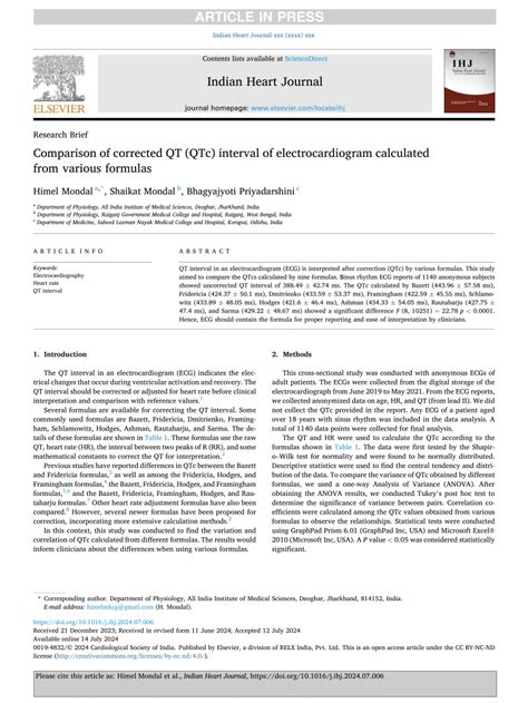 Pdf Comparison Of Corrected Qt Qtc Interval Of Electrocardiogram