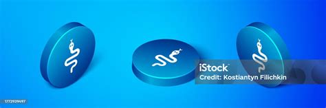 파란색 배경에 격리 된 등색 뱀 아이콘 파란색 원 버튼입니다 벡터 3차원 형태에 대한 스톡 벡터 아트 및 기타 이미지 3차원 형태 누름 버튼 독사류 Istock