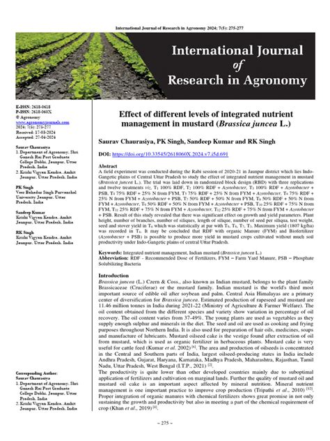 Effect Of Different Levels Of Integrated Nutrient Management In Mustard Brassica Juncea L