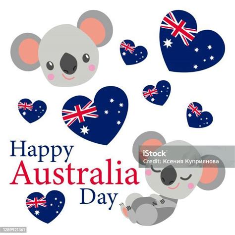 아기 코알라 미소 귀엽고 재미있습니다 플랫 만화 스타일 호주 국기 빨간색과 파란색 하트 흰색 배경입니다 1월 26일 엽서 배너 포스터용 템플릿입니다 해피 오스트레일리아의 날