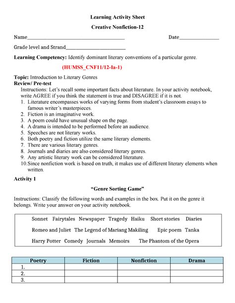 Learning Activity Sheet Learning Activity Sheet Creative Nonfiction Studocu