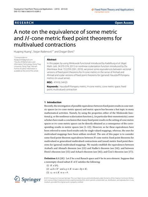 Pdf A Note On The Equivalence Of Some Metric And H Cone Metric Fixed