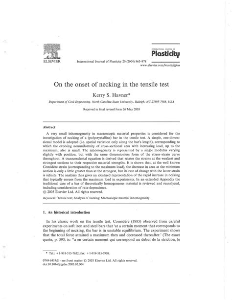 Pdf On The Onset Of Necking In The Tensile Test