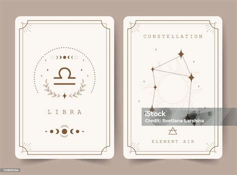 천칭자리 점성술 조디악 기호와 별자리가 있는 요술 카드 타로 독자와 점성가에게 적합합니다 오컬트 마법 배경 별자리 템플릿입니다