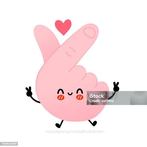 귀여운 재미 한국어 사랑 제스처 기호 벡터 핸드 그린 낙서 라인 만화 가와이문자 일러스트 아이콘 흰색 배경에 격리 손가락 사랑 한국어 심장 제스처 사인 만화 개념 0명에