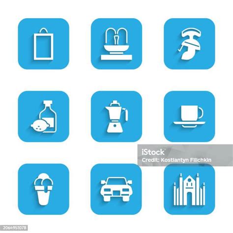 커피 모카 포트 자동차 밀라노 대성당 컵 아이스크림 리몬 첼로 병 로마 군대 헬멧 및 그림 아이콘을 설정합니다 벡터 감귤류 과일에 대한 스톡 벡터 아트 및 기타 이미지