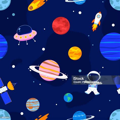 Space Seamless Pattern With Planets Solar Systemflat Vector Illustration On Dark Background