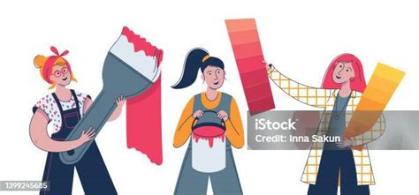 벽에 페인트를 바르는 여성 화가와 데코레이터 브러시 페인트 양동이 색상 견본을 가진 여성 전문 화가 데코레이터 작업 인테리어 리노베이션 서비스 가공의 인물에 대한 스톡 벡터