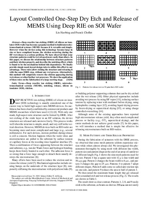 Pdf Layout Controlled One Step Dry Etch And Release Of Mems Using Deep Rie On Soi Wafer