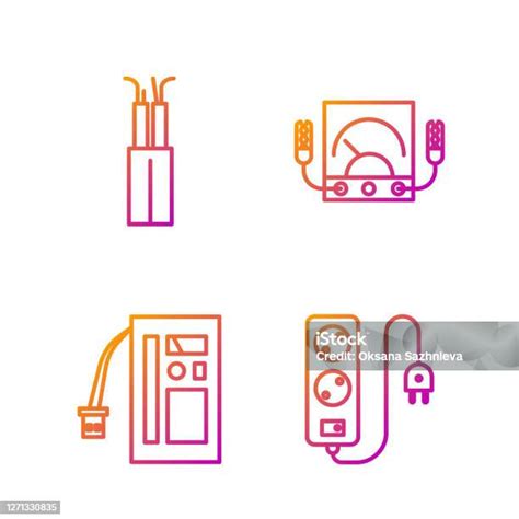 세트 라인 전기 확장 코드 배터리 전기 케이블 및 암페어 미터 멀티 미터 볼트미터 그라데이션 색상 아이콘입니다 벡터 고압 전류 주의에 대한 스톡 벡터 아트 및 기타 이미지