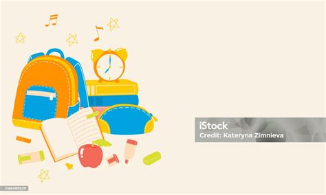 빈 공간과 학용품 배낭 책 책 알람 시계 연필 상자 통치자 마커의 밝은 다채로운 그림과 함께 학교 배경으로 돌아 가기 게시물 전단지 소셜 미디어를 위한 디자인 개체 그룹에