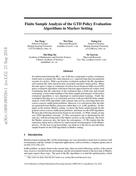 Pdf Finite Sample Analysis Of The Gtd Policy Evaluation Algorithms In