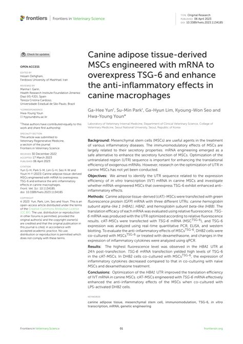 PDF Canine Adipose Tissue Derived MSCs Engineered With MRNA To