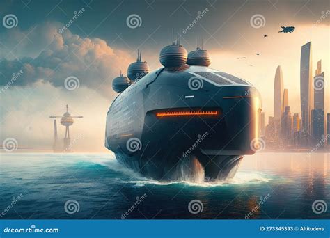 Autonomous Cargo Ship Navigating The Waters Of The Future With A View Of Futuristic City On