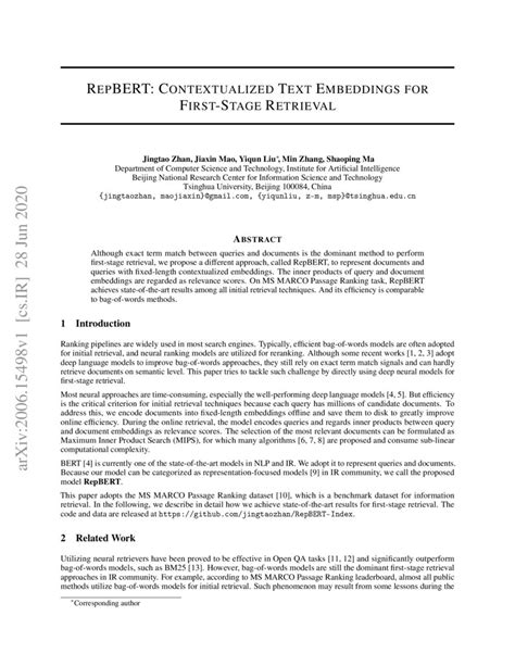Repbert Contextualized Text Embeddings For First Stage Retrieval Deepai