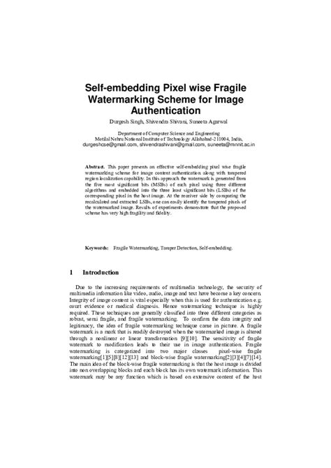 Pdf Self Embedding Pixel Wise Fragile Watermarking Scheme For Image