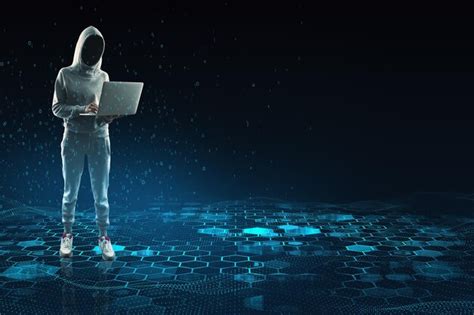 Premium Photo Hacker With Laptop And Mock Up Place With Creative Blue Hexagonal Background