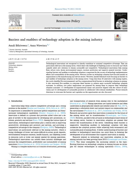 Barriers And Enablers Of Technology Adoption In The Mining Industry Pdf Innovation Mining