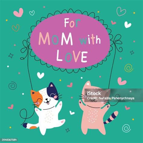 가족 고양이가 있는 귀여운 카드 엄마를 위해 벡터 일러스트 레이 션입니다 녹색 배경 0명에 대한 스톡 벡터 아트 및 기타 이미지