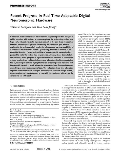 Pdf Recent Progress In Real‐time Adaptable Digital Neuromorphic Hardware
