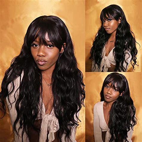 Fugady Black Wavy Wig With Bangs Black Wig With Bangs Long Wig Synthetic Wig Body Wave Wig Cheap