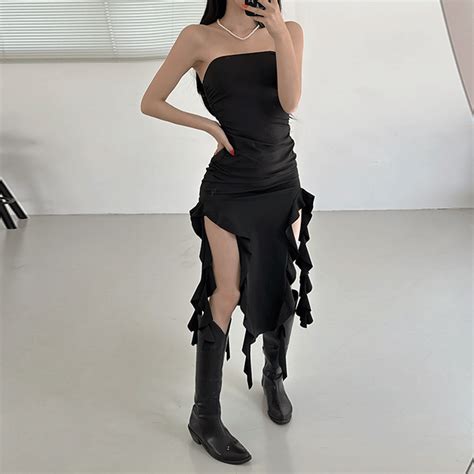 벨라 튜브탑 셔링 절개 트임 오프숄더 주름 롱원피스 방송 댄스복 공연 무대 의상 여름 휴가룩 에이블리