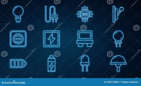 Set Line Light Emitting Diode Processor With Microcircuits Cpu Lightning Bolt Electrical
