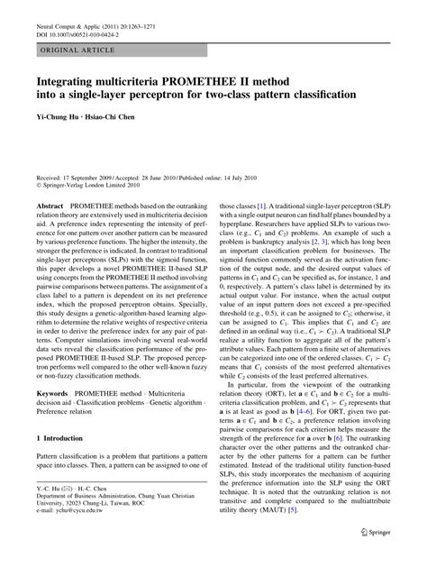 Pdf Integrating Multicriteria Promethee Ii Method Into A Single Layer Perceptron For Two Class