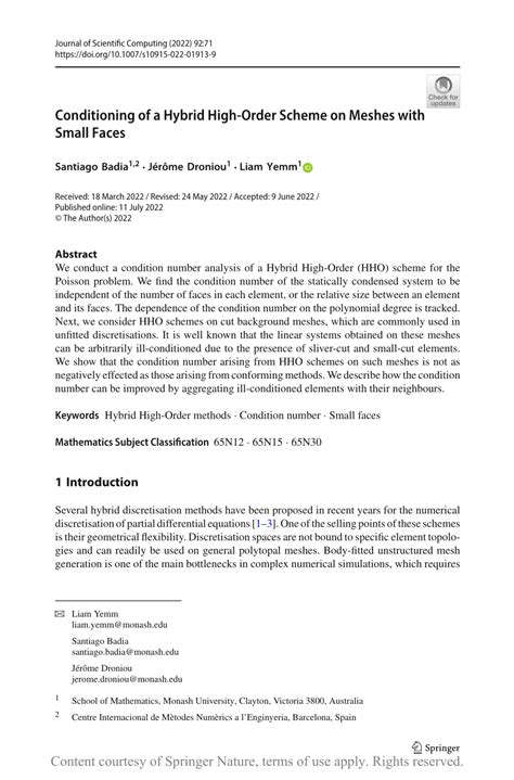 Pdf Conditioning Of A Hybrid High Order Scheme On Meshes With Small Faces