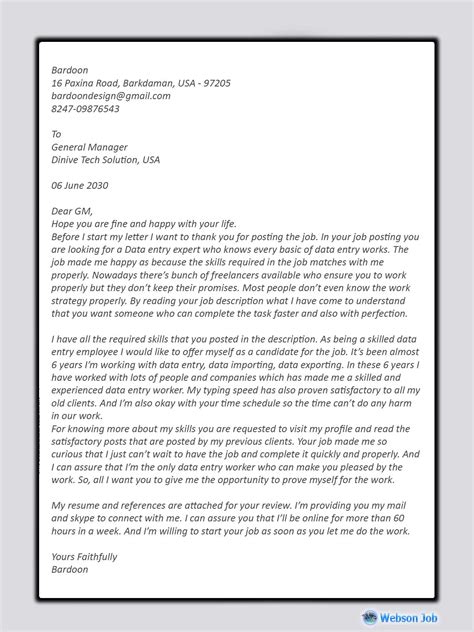Data Entry Cover Letter Sample For Upwork Webson Job