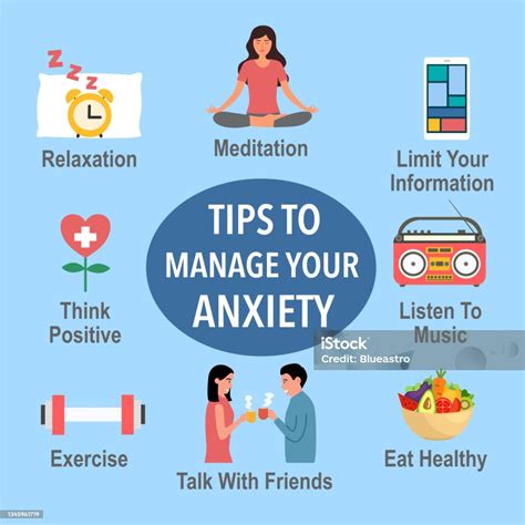 플랫 디자인에서 유용한 조언으로 불안 인포 그래픽을 관리하는 팁 건강한 생활방식에 대한 스톡 벡터 아트 및 기타 이미지