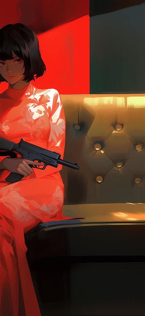 Рисунок девушка брюнетка с автоматом в руках сидит на диване · 1125x2436 Iphone X Xs