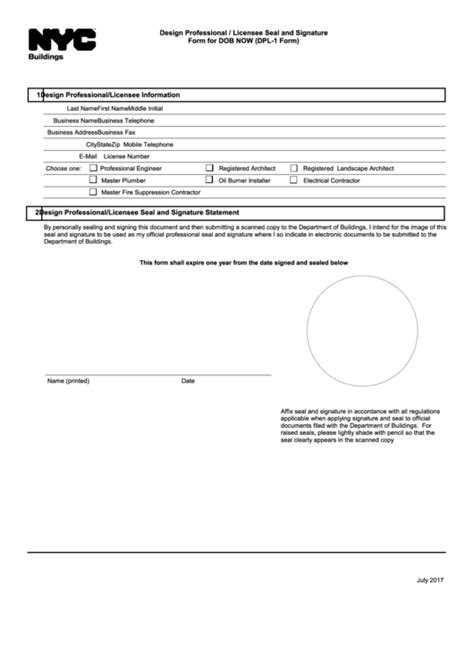 Fillable Form Dpl 1 Design Professional Licensee Seal And Signature Form For Dob Now