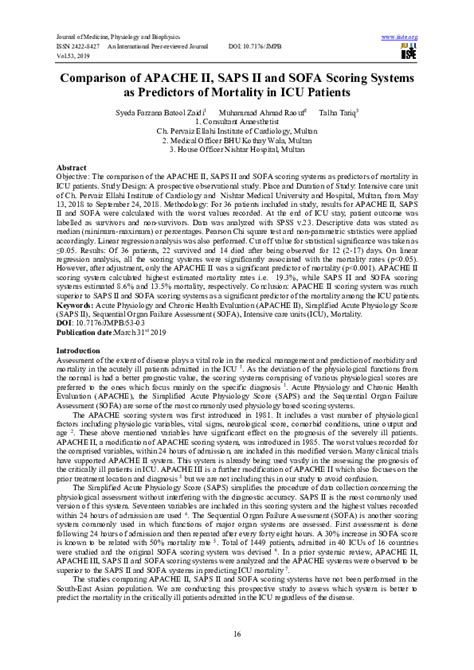 Pdf Comparison Of Apache Ii Saps Ii And Sofa Scoring Systems As Predictors Of Mortality In