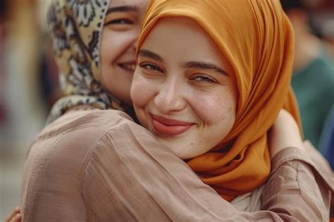 Premium Photo Young Muslim Women In Hijab Hugging And Smiling During