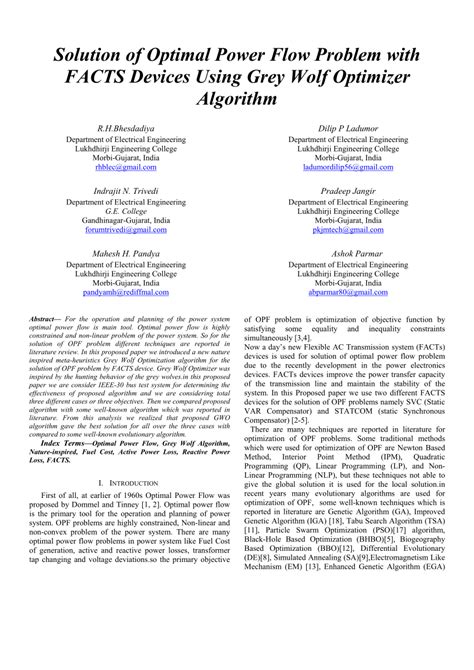 Pdf Solution Of Optimal Power Flow Problem With Facts Devices Using Grey Wolf Optimizer Algorithm