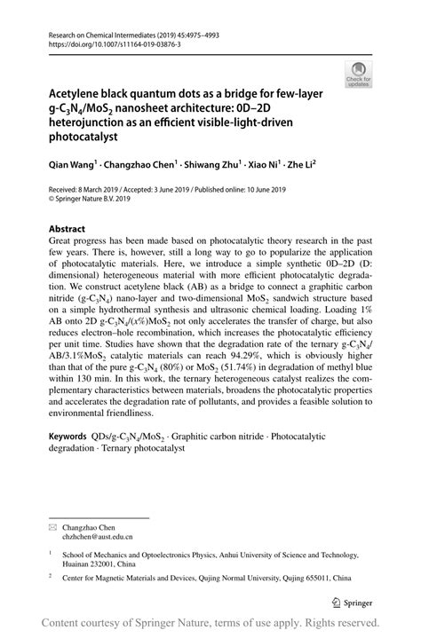 Acetylene Black Quantum Dots As A Bridge For Few Layer G C3n4 Mos2 Nanosheet Architecture 0d 2d