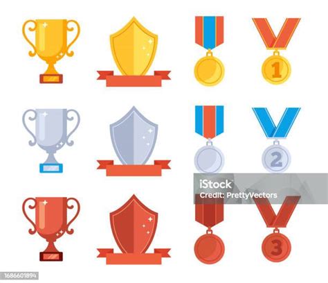 수상 트로피 아이콘 보상 상금 순위 메달 컵 격리 세트 벡터 평면 그래픽 디자인 그림 1에 대한 스톡 벡터 아트 및 기타 이미지 1 1위 감탄 Istock