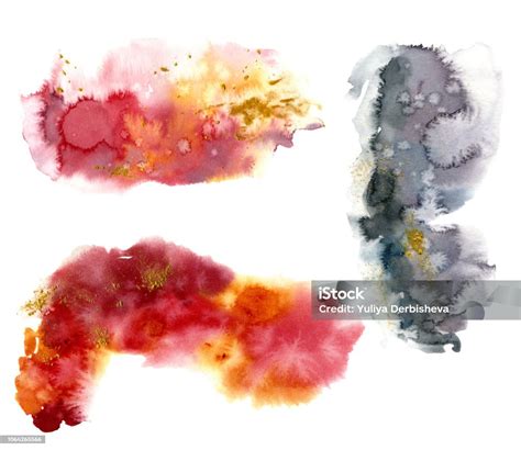 수채화는 흰색 바탕에 컬러 스플래시로 설정입니다 종이에 튀는 색상 손으로 그린 황금 반짝이 수채화 질감 디자인 인쇄에 대 한 그림 또는 배경 거친에 대한 스톡 벡터 아트 및