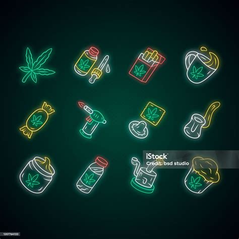 잡초 제품 네온 라이트 아이콘 세트 마리화나 합법화 대마 유통 판매 대마초 산업 흡연 장치 Cbd 음료 크림 사탕 컵 케이크 빛나는 징후 벡터 절연 일러스트레이션 개체