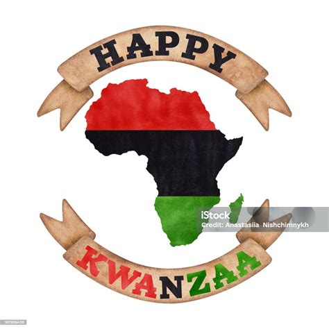 아프리카 개요지도 대륙 깃발 색상 검정 녹색 빨간색 테이프에 있는 텍스트는 행복한 콴자입니다 흑인 역사의 달 손으로 그린 수채화 그림 고립 된 배경입니다 0명에 대한 스톡